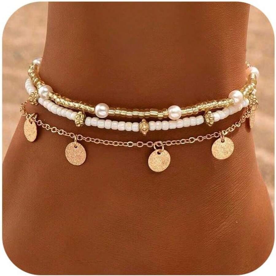 Shell Ankle Bracelet Set For Women, 14K Gold Boho Bead Adjustable Anklet, Hawaiian Beach ...