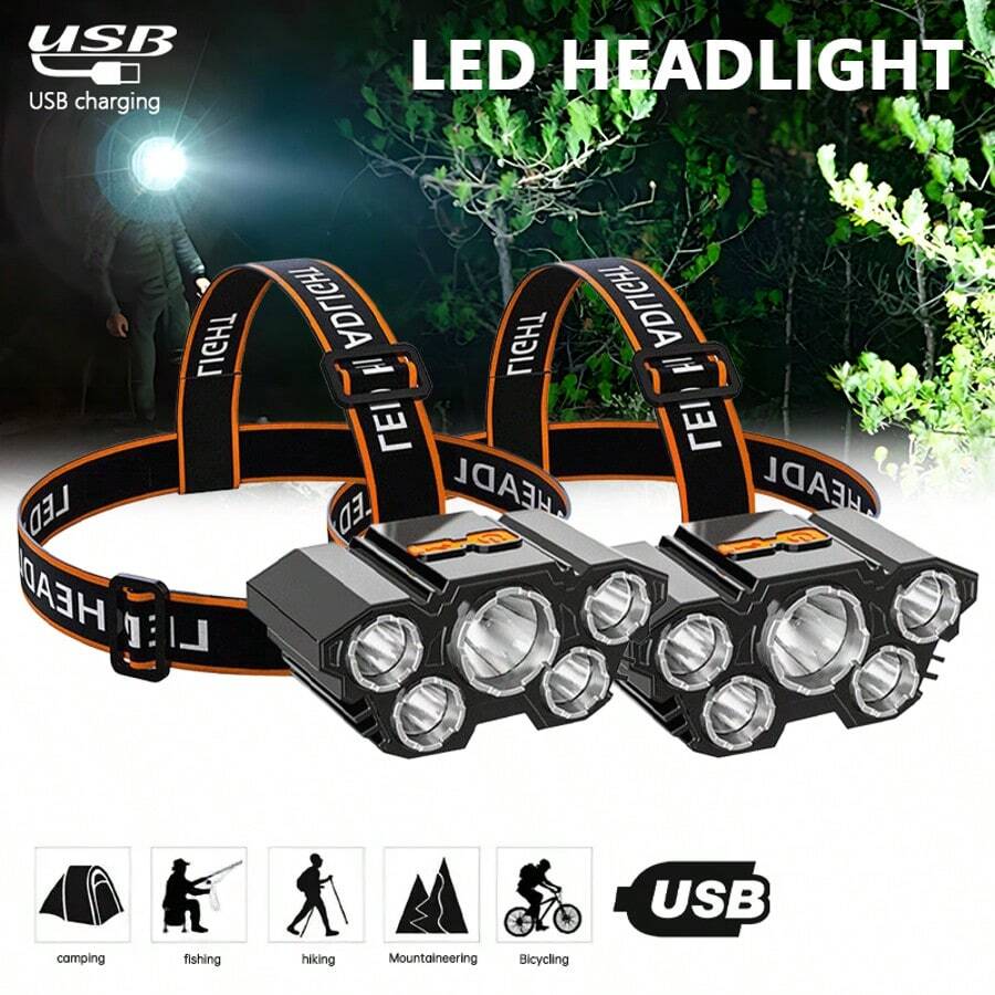 2 Rechargeable Headlights, 5 LED Bright Headlights, Lightweight USB ...