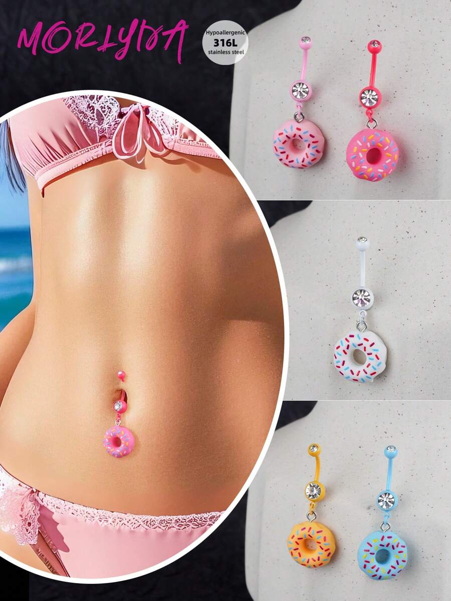 1pc Sweet Doughnut Cherry Belly Button Ring Stainless Steel Pink Navel Jewelry Butterfly Navel ...