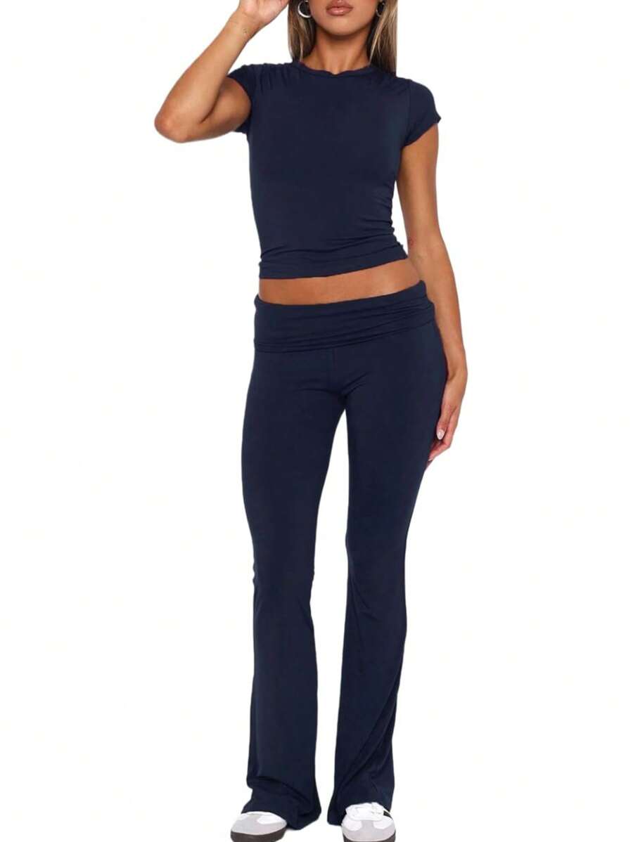 Women's 2 Piece Lounge Set Short Sleeve Tight Cropped Tee And Fold ...