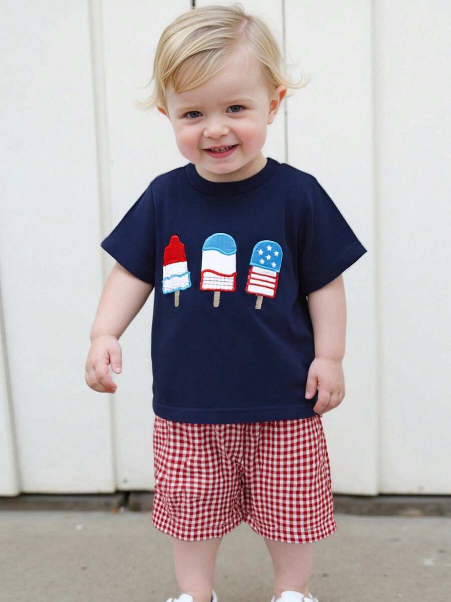4th Of July Baby Boy Outfit Popsicle Embroidery Short Sleeve Crewneck ...