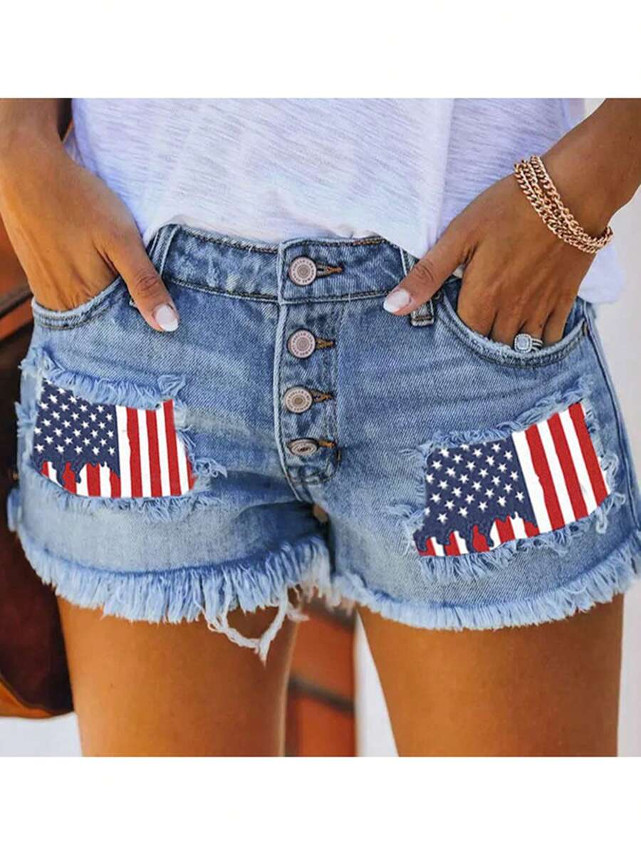 Women American Flag Jean Shorts Ripped Raw Trim Mid Rise Button-Up Mini ...