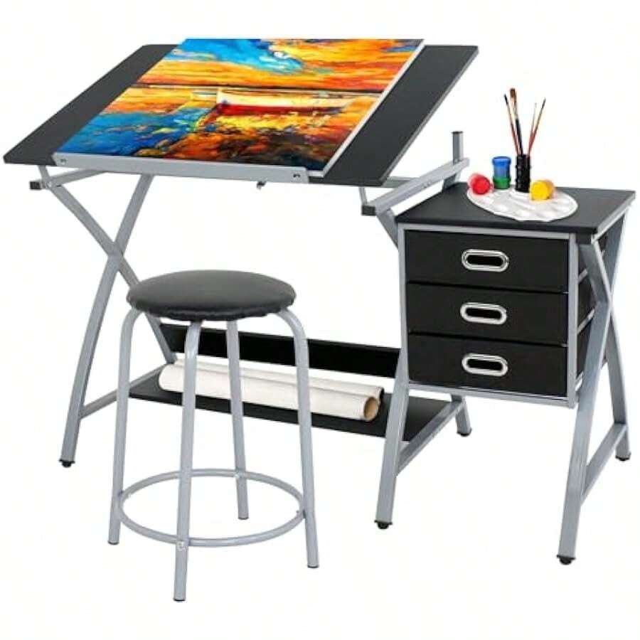 ZENY Drafting Table And Stool Tilted Draft Table Desk W Drawers Artist ...