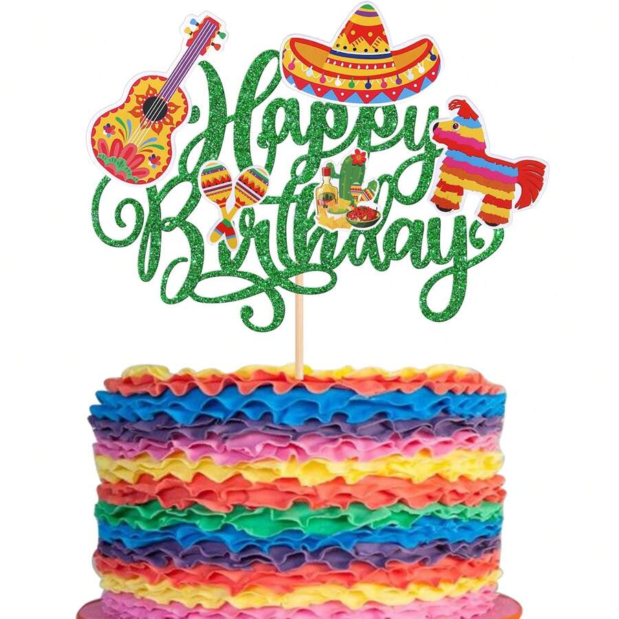 1 Pack Fiesta Happy Birthday Cake Topper Cactus Donkey Guitar Rackets ...