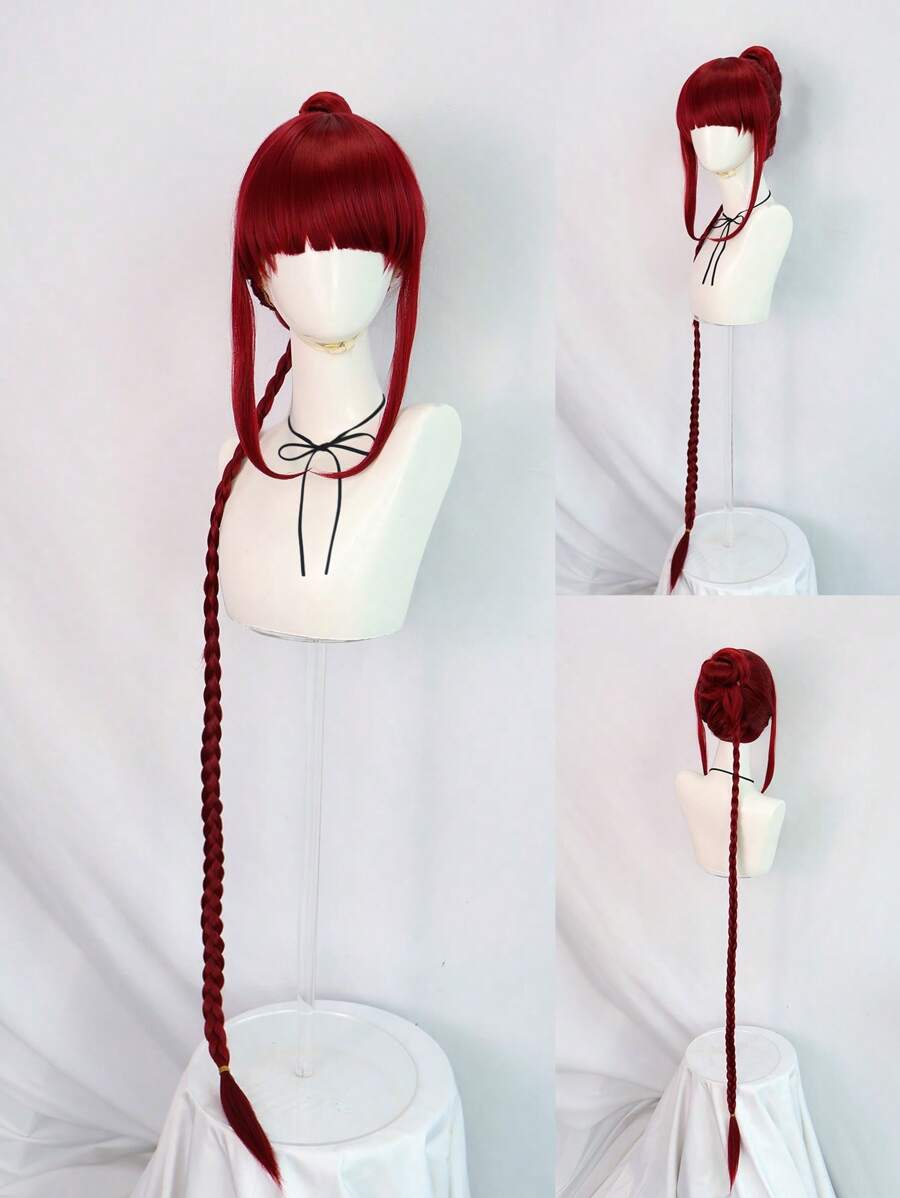 Red Straight Anime Cosplay Wig With Detachable Clip On Extra Long Braid ...
