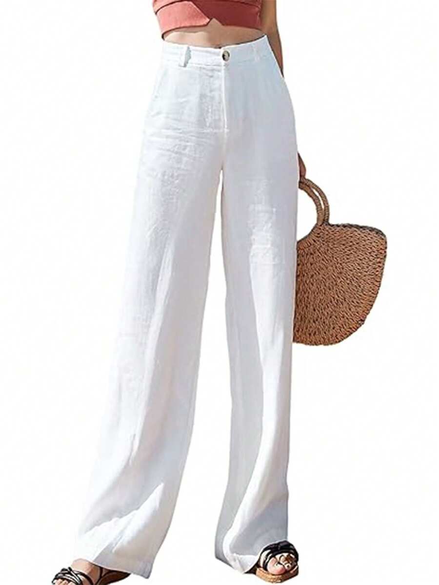 Womens Spring Summer High Waisted Wide Leg Pants Casual Button Up ...