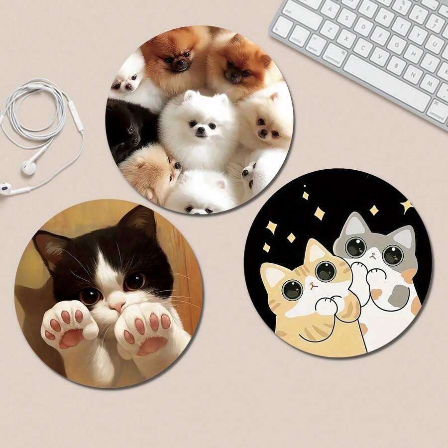 1pc Cartoon Cat Design Round Mouse Pad, Mini Travel Mouse Pad With Non ...