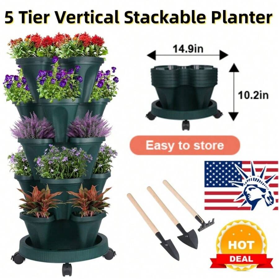 Vertical Planter 5 Tier Stackable Planters With Wheels & Tools Garden ...