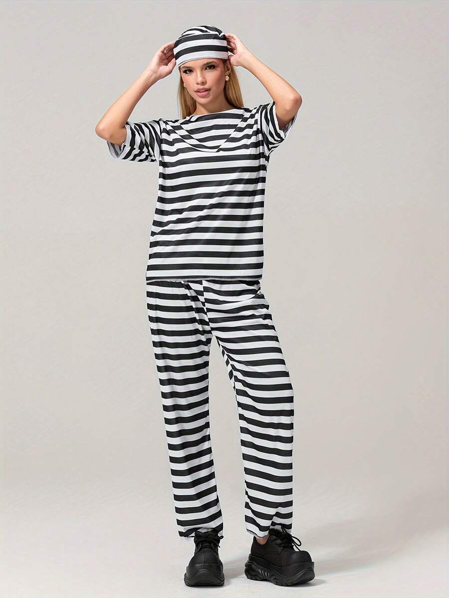 Halloween Prisoner Costume For Men Women Stripes Print Tops Pants Hat ...