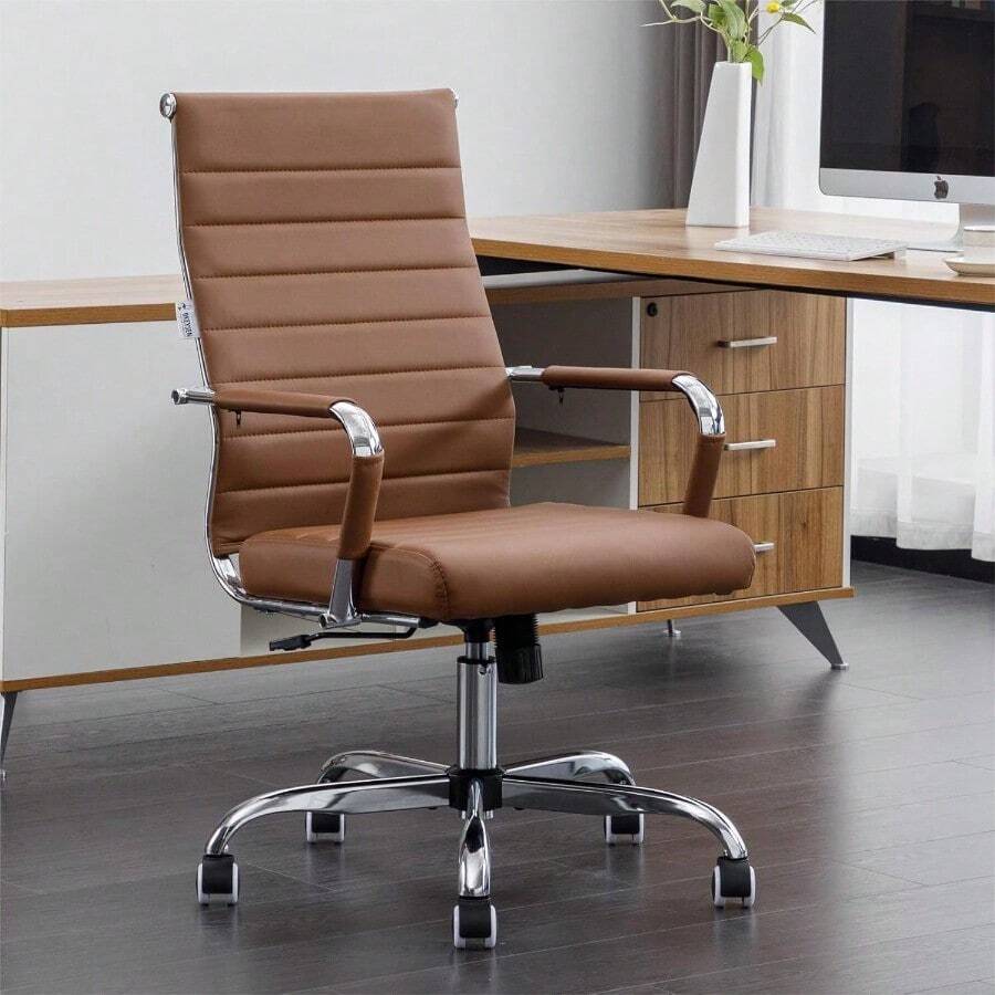 High Back Swivel Rolling Chair In Modern PU Leather With Ribbed Pattern ...