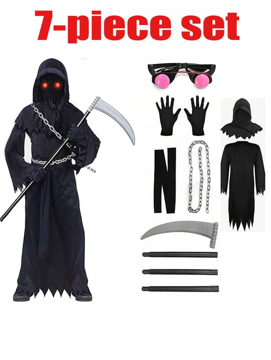 Conjunto de Fantasia de Halloween com 7 Peças, Olhos Vermelhos e Foice ...