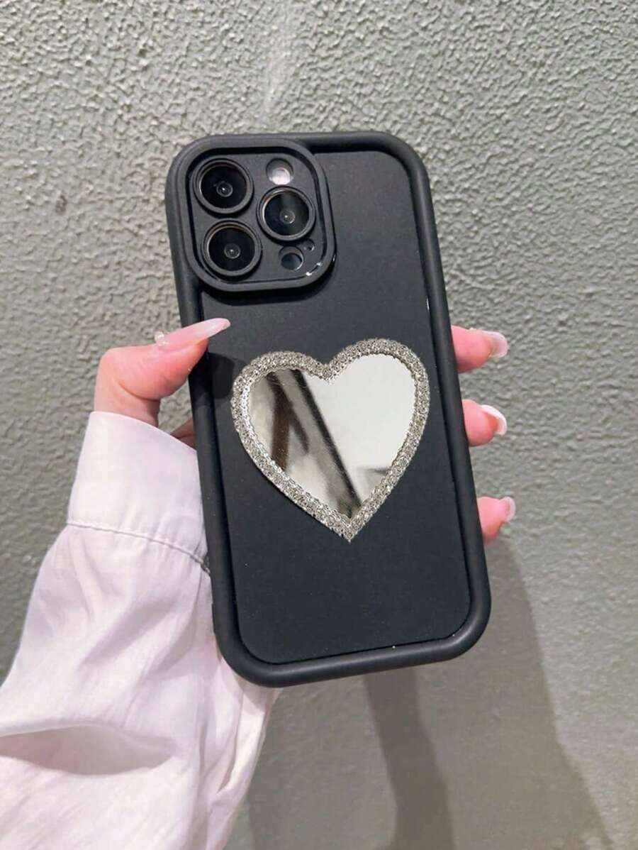 1 ชิ้น เคสโทรศัพท์เนื้อแต้มสีพาสเทล มีกระจกรูปหัวใจสีเงิน เหมาะสำหรับ Galaxy/iPhone/Redmi Note9 ...
