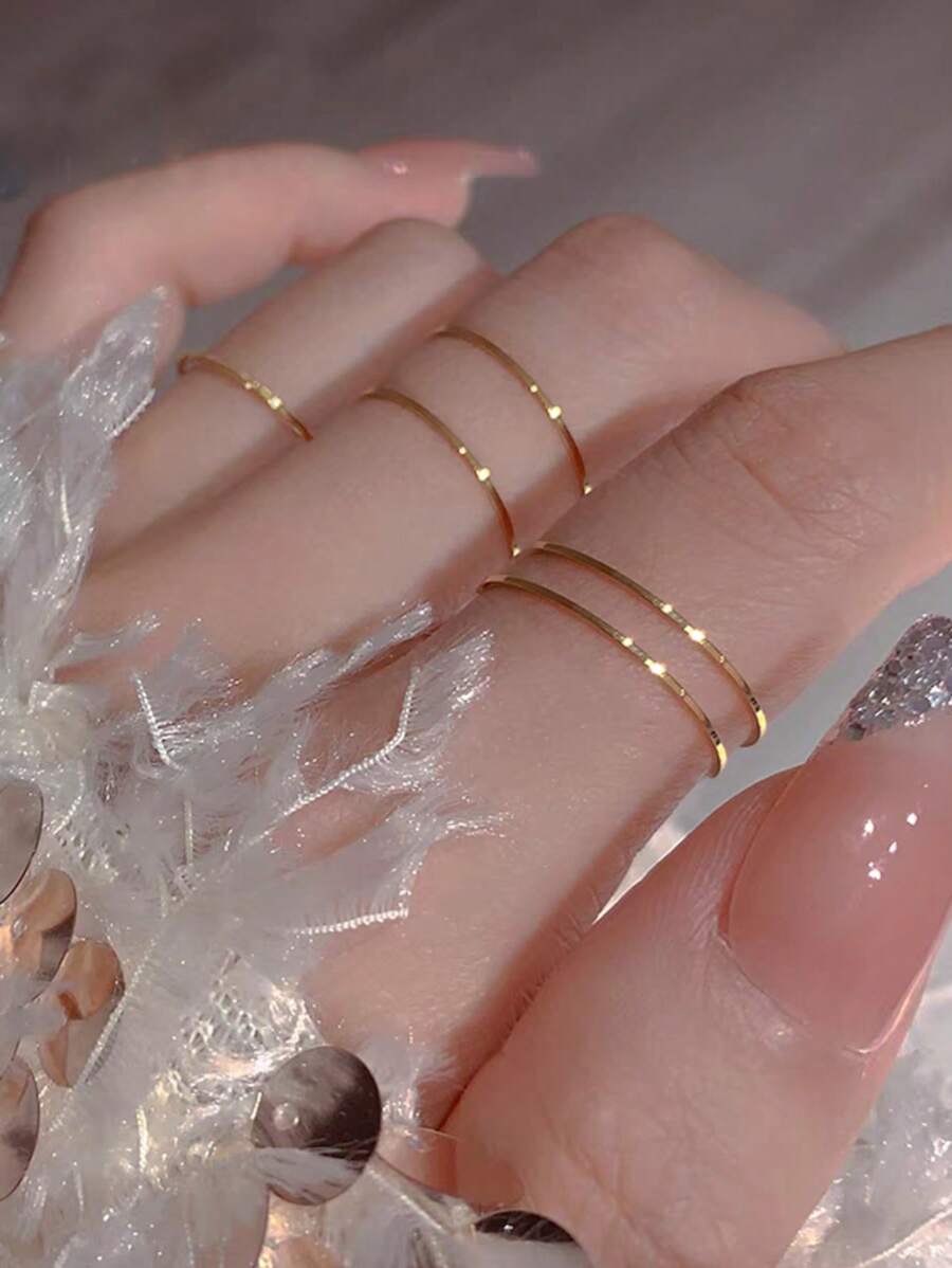 5pcs/Set Steel-Color Minimalist Stainless Steel Plain Circle Stackable ...