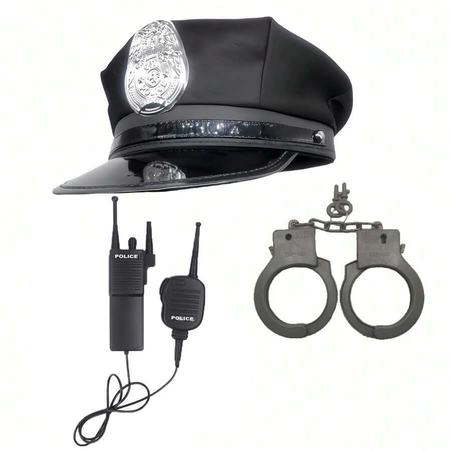 3-Piece Police Costume Set - Includes Hat With Visor, Handcuffs, Walkie ...