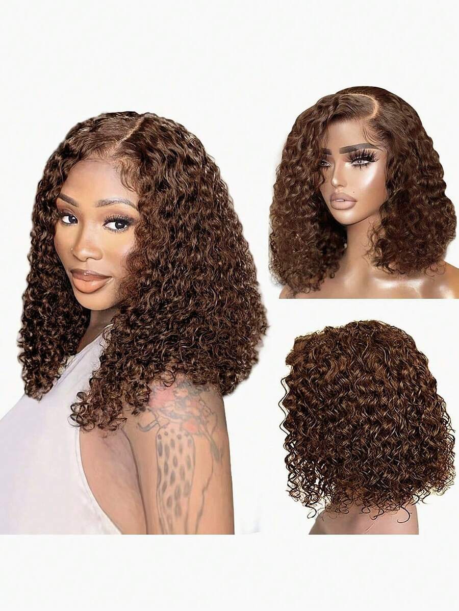 13x4 Lace Front Wigs 180%-200% Density Brown Curly Bob Wig Human Hair ...