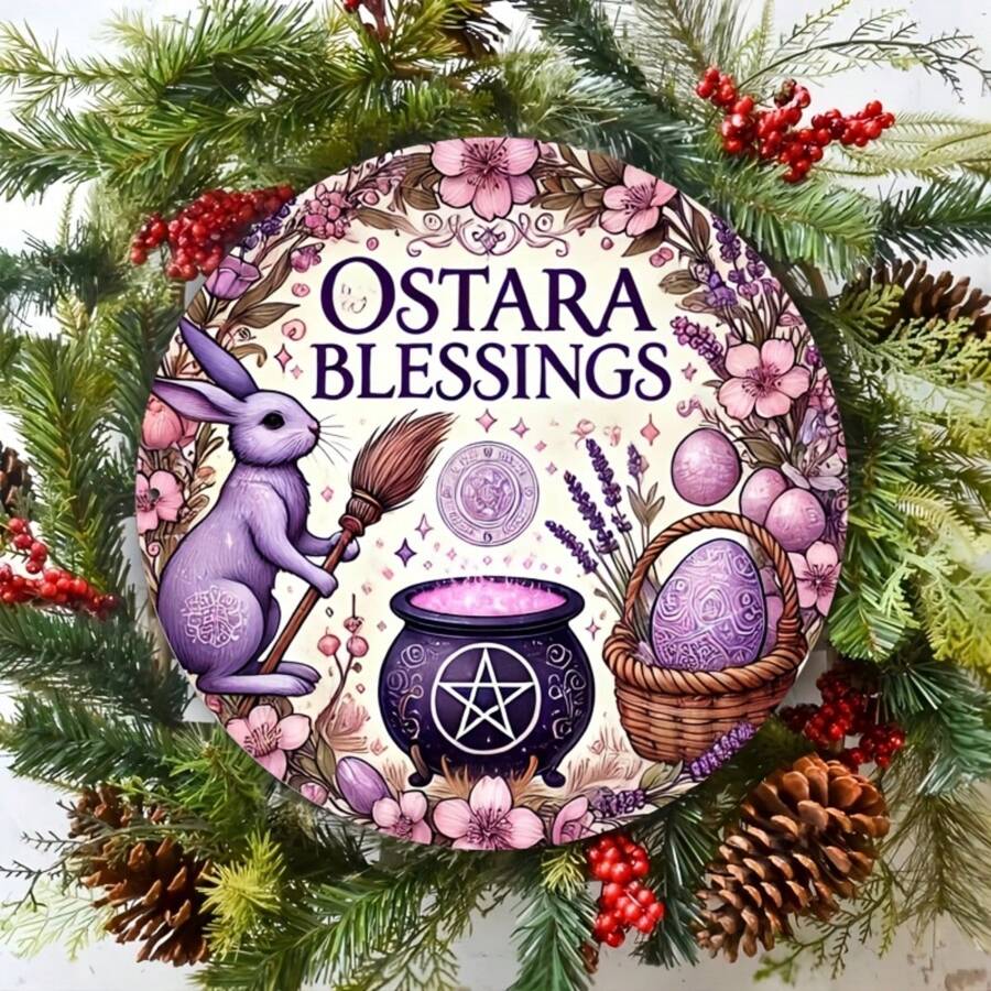 1pc Ostara Blessings Easter Decor, 8" Round Metal Sign Plaque, Rust ...