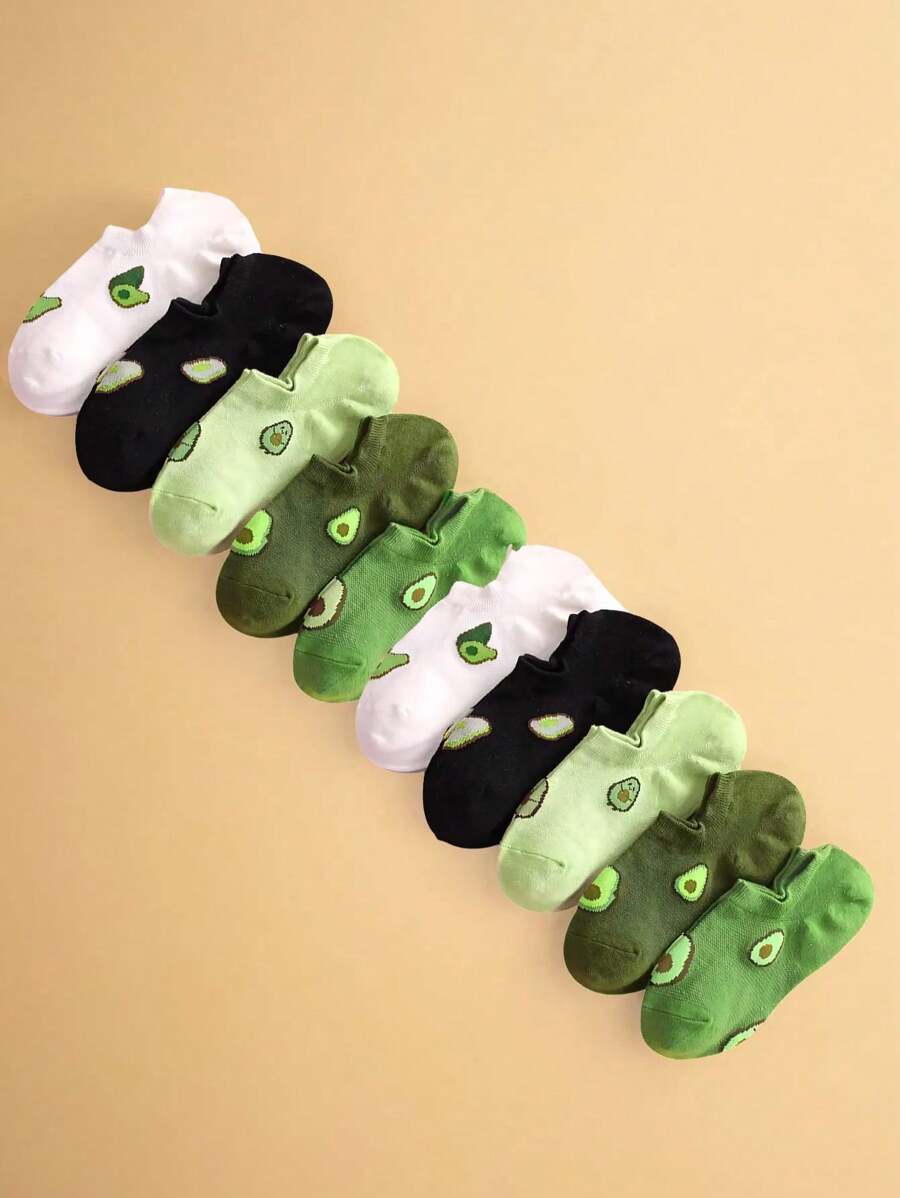 10 Pairs Women Avocado Cartoon Fresh Fashion Socks, Versatile Soft ...