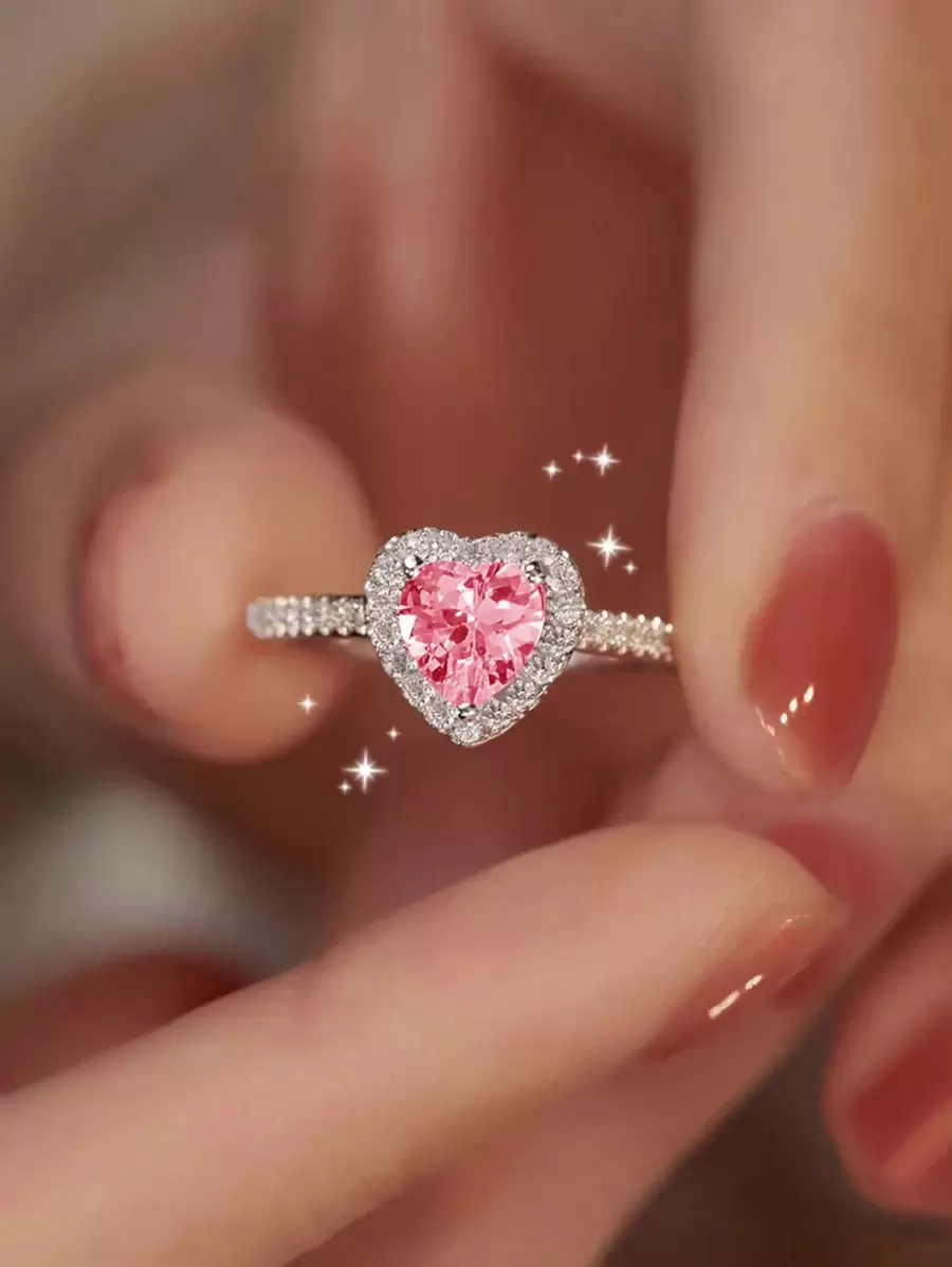 925 Sterling Silver Pink Heart Zirconia Ring, Romantic Sweet Wedding ...