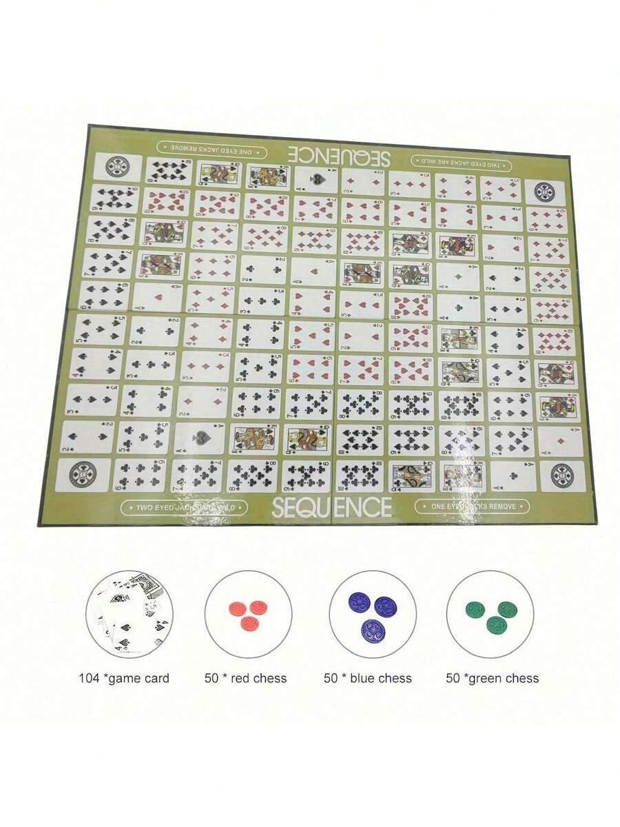 Sequence Board Game Set, Sequence Game, 5-In-A-Row Fun Version, Includes Mat, Cards, And Tokens ...