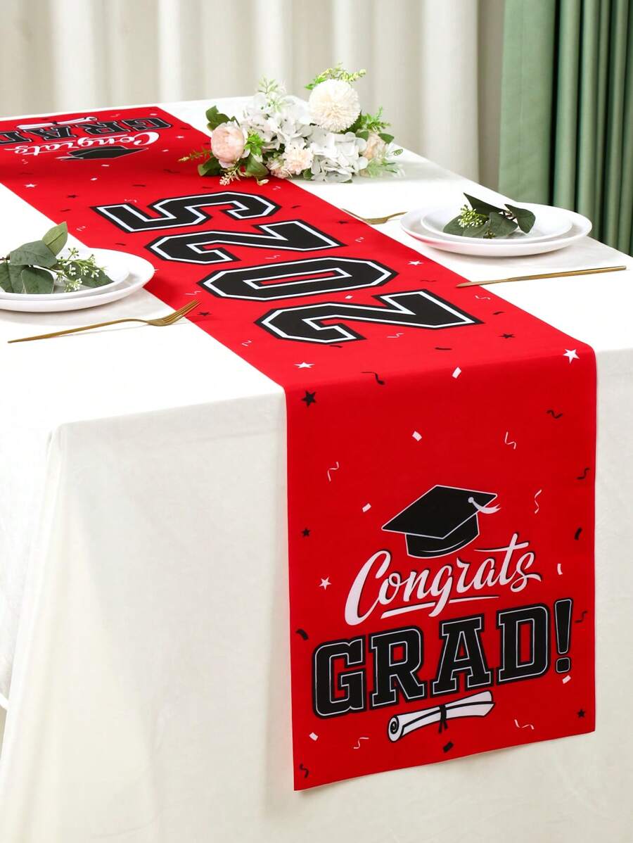1pc Graduation Party Decorative Table Runner, Gold Red Polyester Table ...