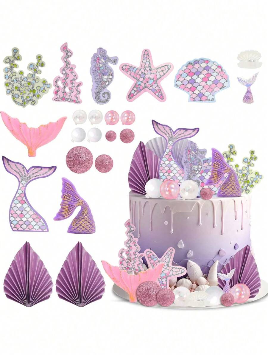 22pcs Mermaid Tail Cake Toppers, Shell Starfish Mermaid Tail Cake ...