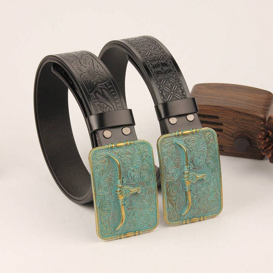 2pcs 3.7cm Wide Western Cowboy Style Round Rivet Decor PU Leather Belt ...