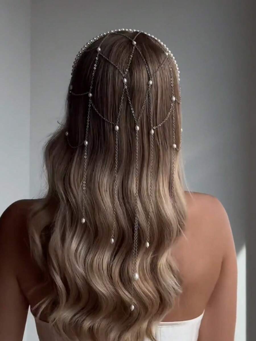 1pc Elegant Faux Pearl Tassel Hair Chain, Minimalist Ins Style Hair ...