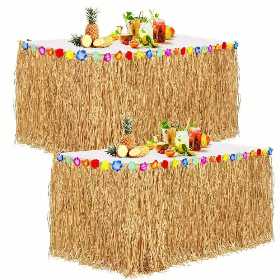 Luau Grass Table Skirt Grass Table Skirt Natural With Hibiscus Flowers ...
