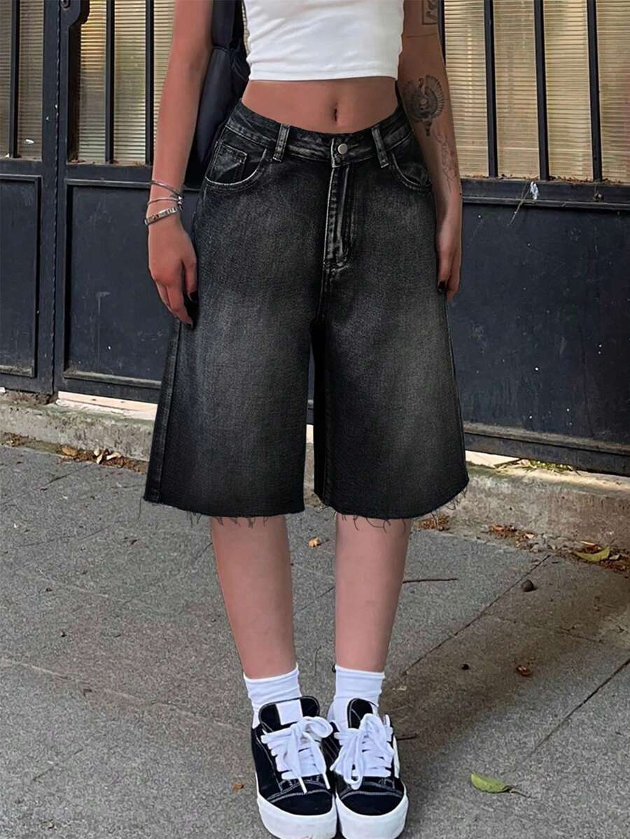 Teen Girl's Y2K Vintage Slant Pocket Fringe Hem Wide Leg Bermuda Jeans ...