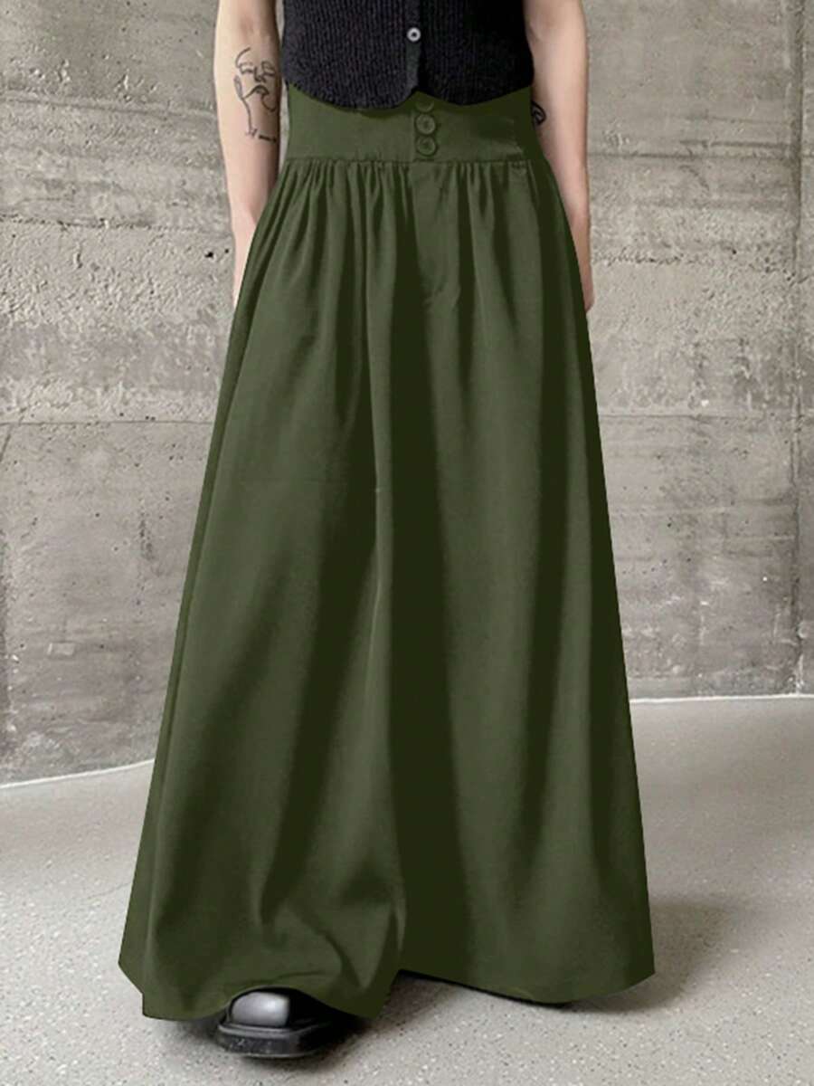 INCERUN Men High Waist Buttons Wide Leg Solid Long Pants Bottoms ...