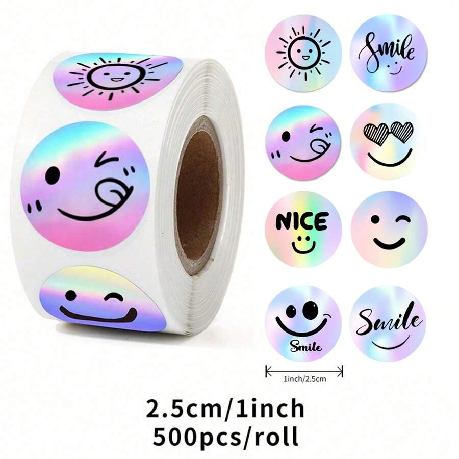 500pcs/Roll 0.98in Rainbow Holographic Smile Face Seal Stickers, Gift ...