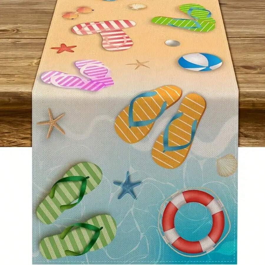 1pc Summer Beach Themed Table Runner - JIT 1pc, 100% Line Woven Fabric ...