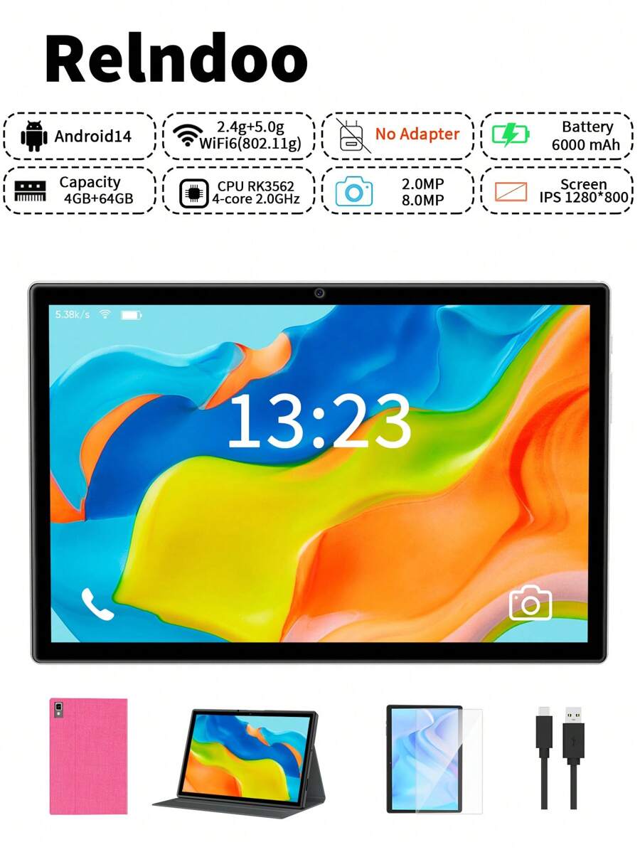 10,1-Zoll Android 14 Tablet mit Hülle, (4GB+4GB) RAM + 64GB ROM, 6000mAh Akku, RK3562 Quad-Core ...