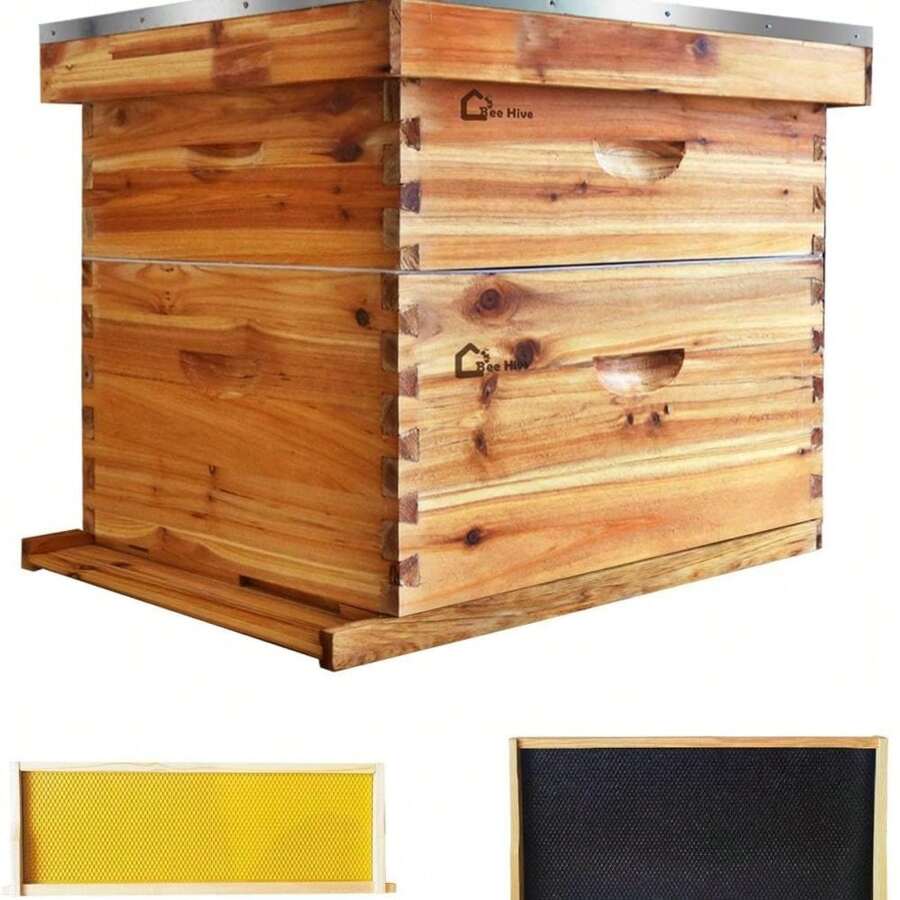 10-Frame Complete Bee Hives And Supplies Starter Kit Dipped In 100% Beeswax, Includes 1 Deep ...