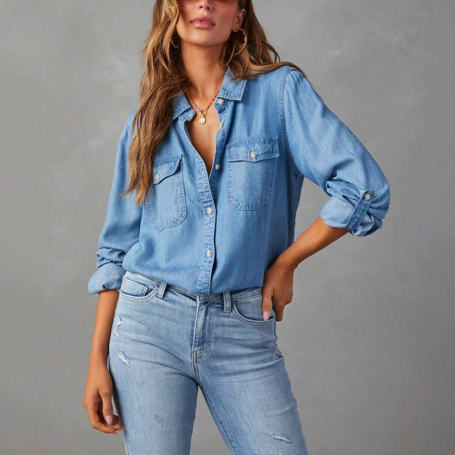 Women Denim Shirts Solid Color Turn Down Collar Long Sleeve Jean ...