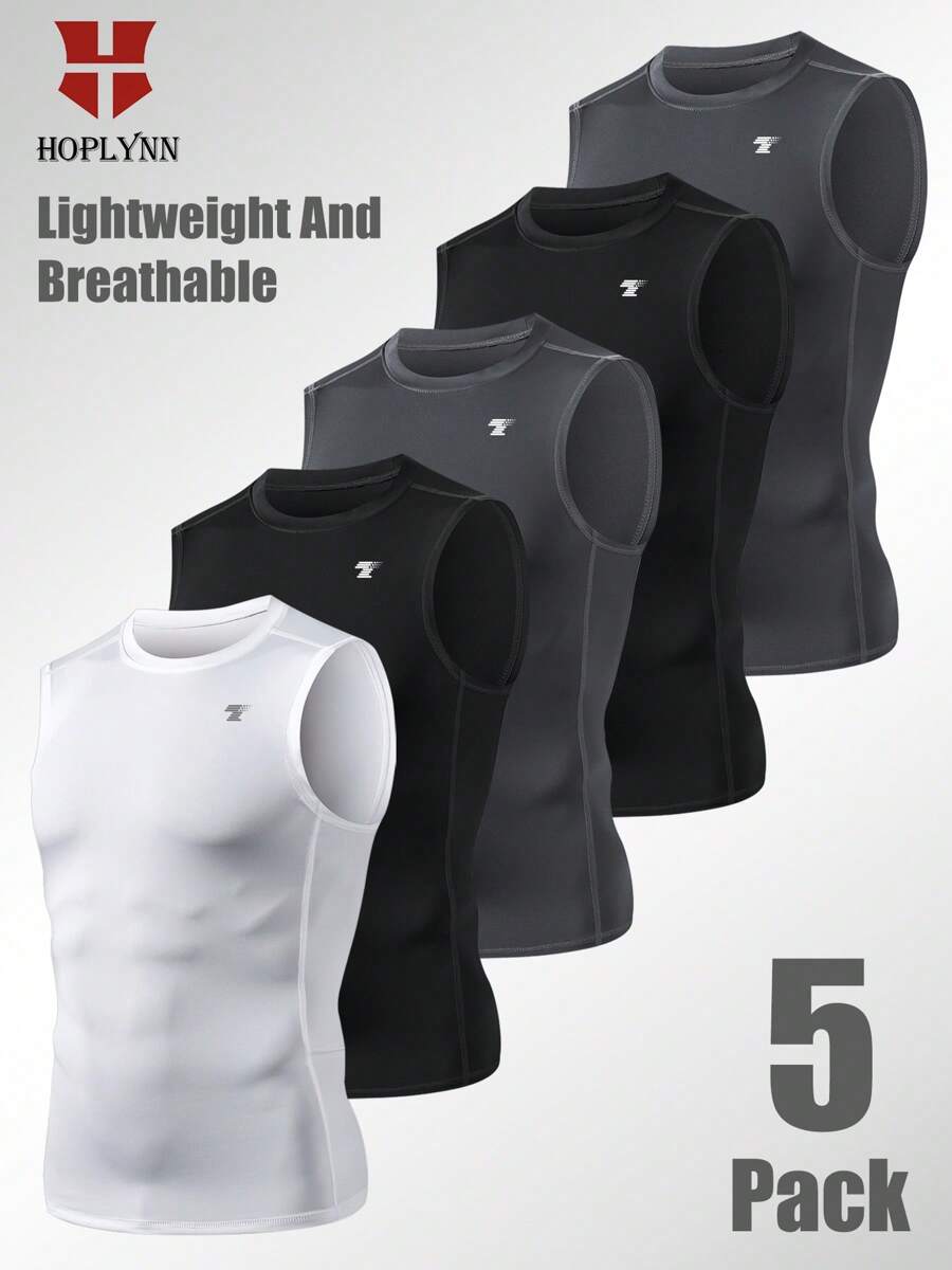 HOPLYNN 5 Packs Men's Athletic Compression Shirts Sleeveless Workout ...
