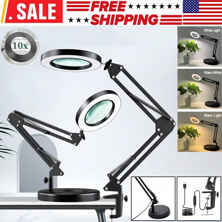 10X Magnifying Glass Desk Light, 2-In-1 Desk Lamp With Clamp, 68 LED ...