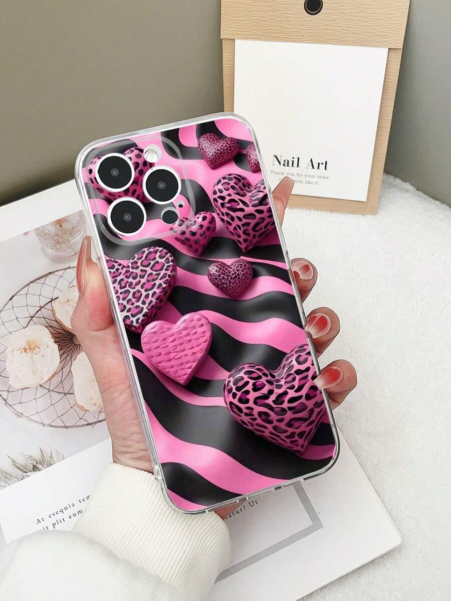 1pc Transparent TPU Anti-Drop Colorful Leopard & Heart Patterned Phone ...