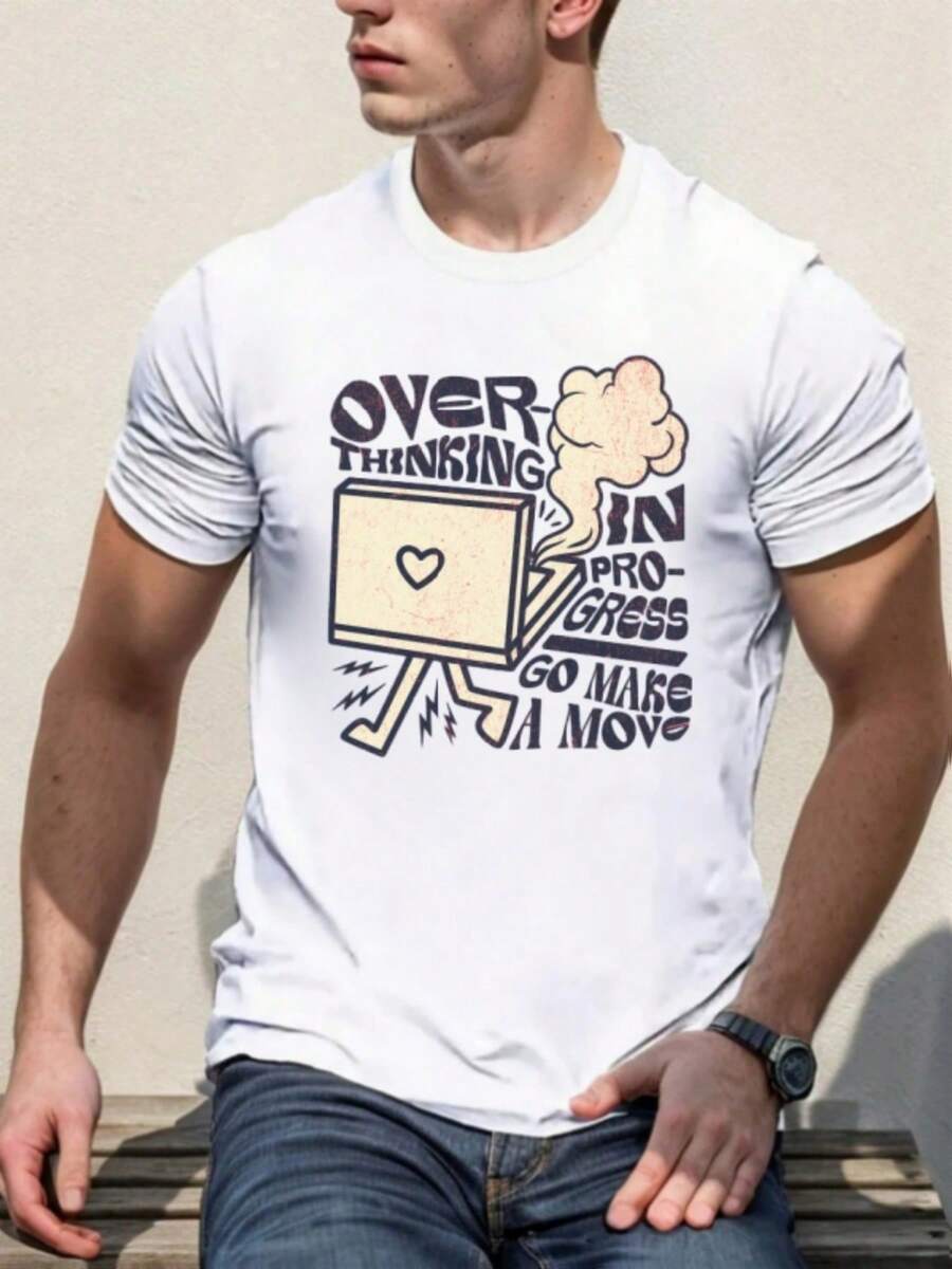 TShirt con Dibujo de Caja y "Overthinking in Progress", 220g de Algodón ...