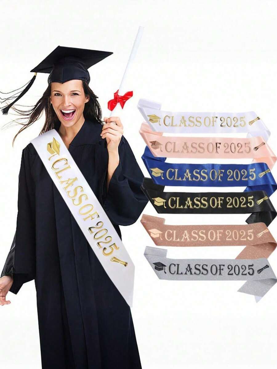 1 Black Senior 2025 Satin Sashes With Golden Printing - "CLASS OF 2025 ...