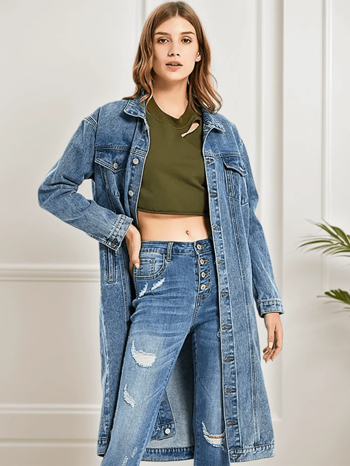 Women's Long Denim Jacket Button Long Sleeve Denim Coat Lapel Trench ...