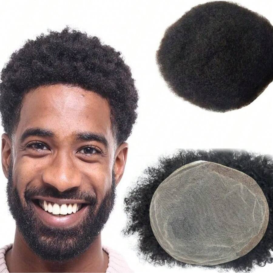 Full Lace Afro Curl Toupee Human Hair Piece Men's Replacement System ...