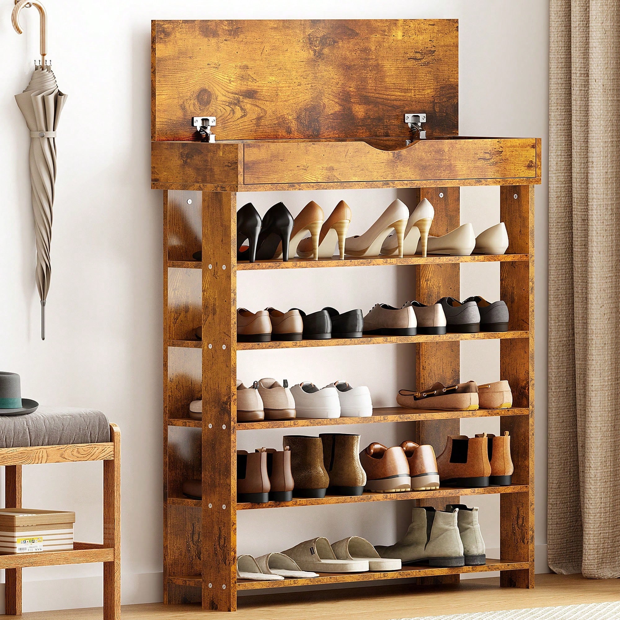 5 Tier Shoe Rack Wooden Shoe Cabinet With Storage Free Standing Shoe ...