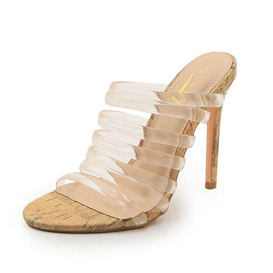 Women's Strappy High Heel Mule Sandals, Black With Cork Footbed ...