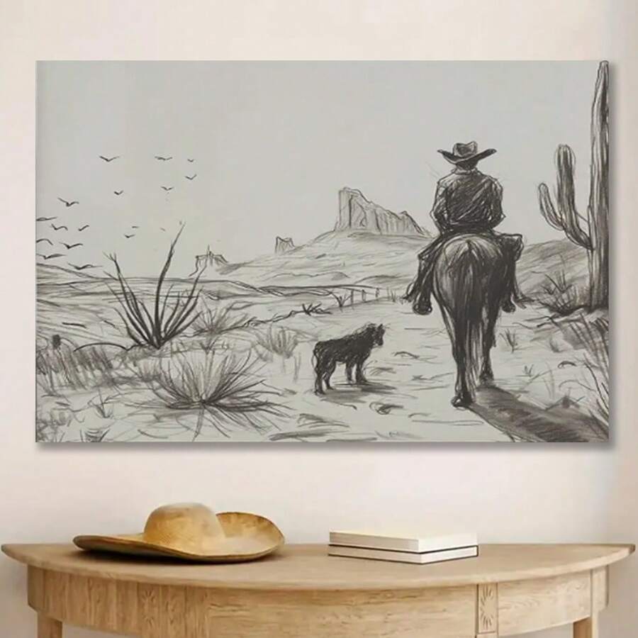 Framed Western Cowboy Sketch Canvas Art - Rustic Wooden Frame, Old West ...