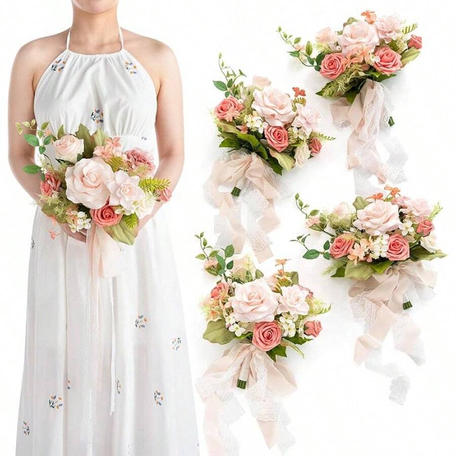 Ling's Moment Artificial Flowers White Bridesmaid Bouquet Set Of 4 ...