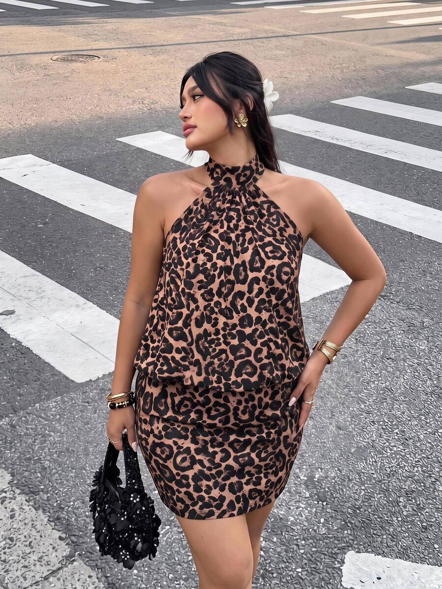 Muchica Plus Size Sexy Casual Leopard Print Backless Halter Neck Summer ...