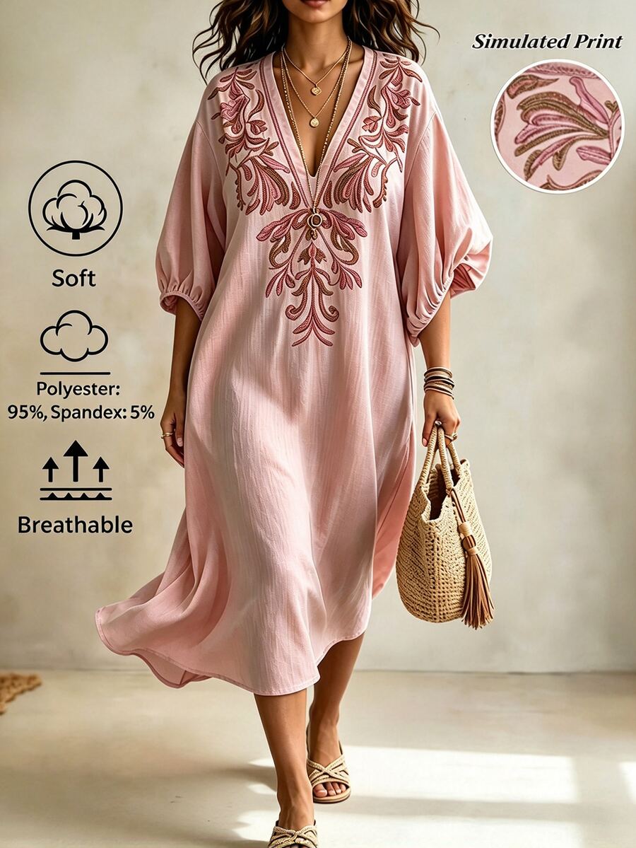 Linhara CURVE Light Pink Imitation Embroidery Allover Print V-Neck Mid ...