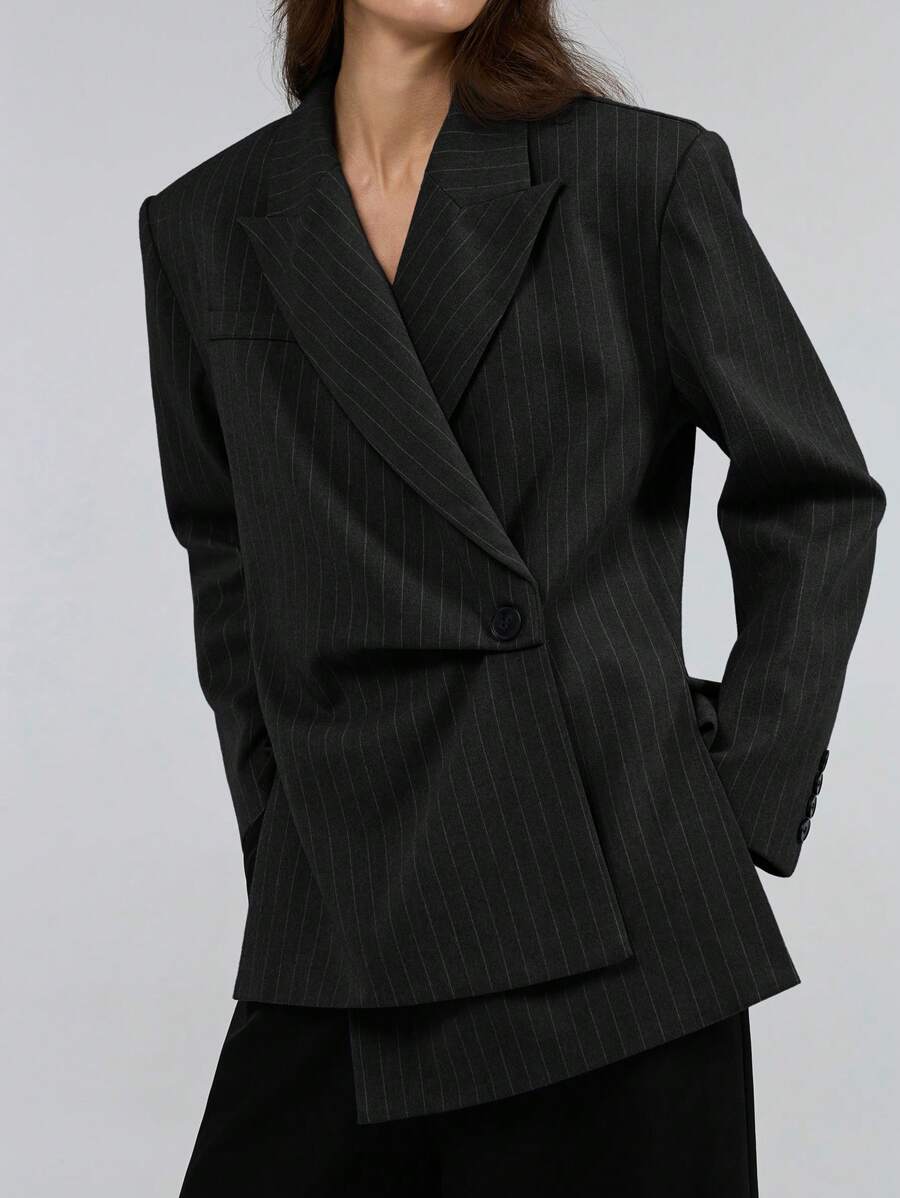 Ontre 2025 New Arrival Women's Asymmetric Hem Striped Lapel Blazer, Stockholm Style, Teacher ...
