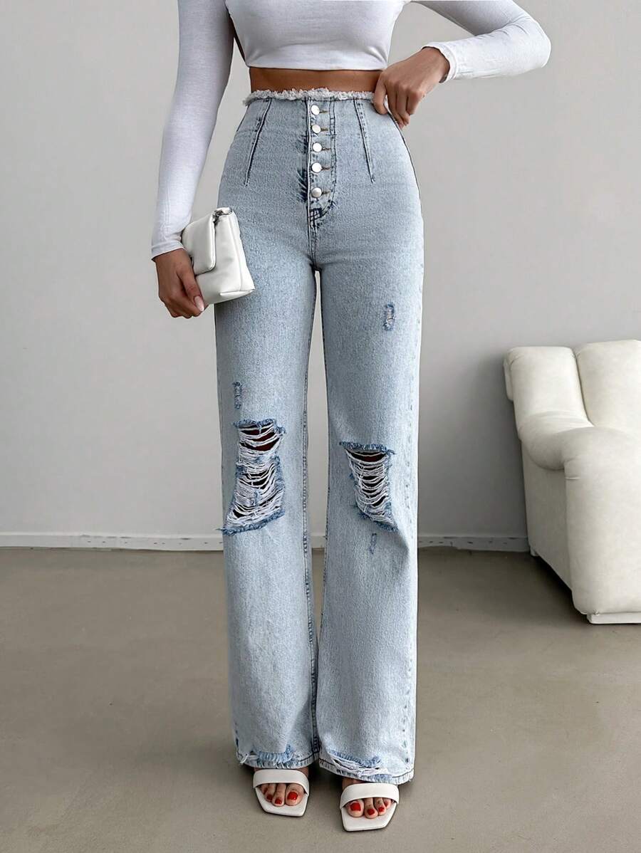 EURMUSE 100%Cotton High Waist Button Fly Ripped Frayed Straight Leg ...